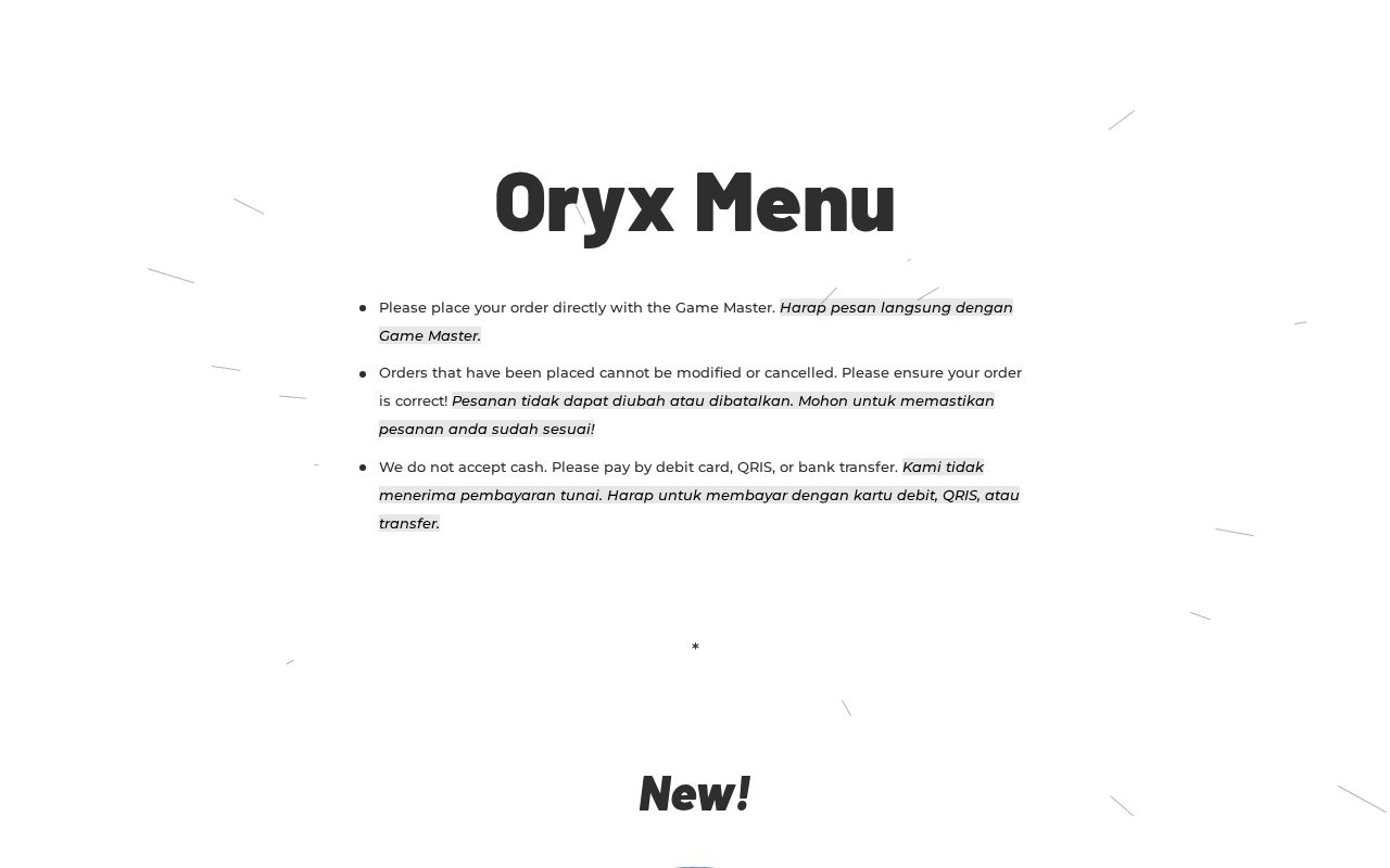 Oryx Menu